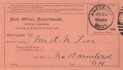 1909 Post Office Registry Return Receipt Amesbury MA to Barnstead NH ...