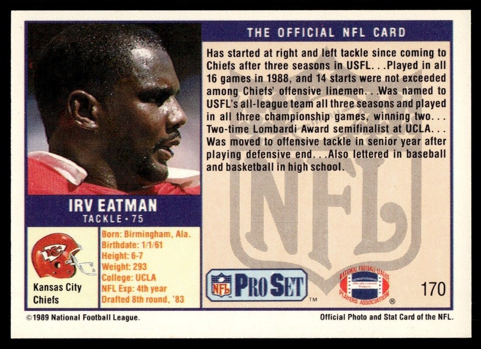 1989 Pro Set Irv Eatman Kansas City Chiefs #170 | eBay