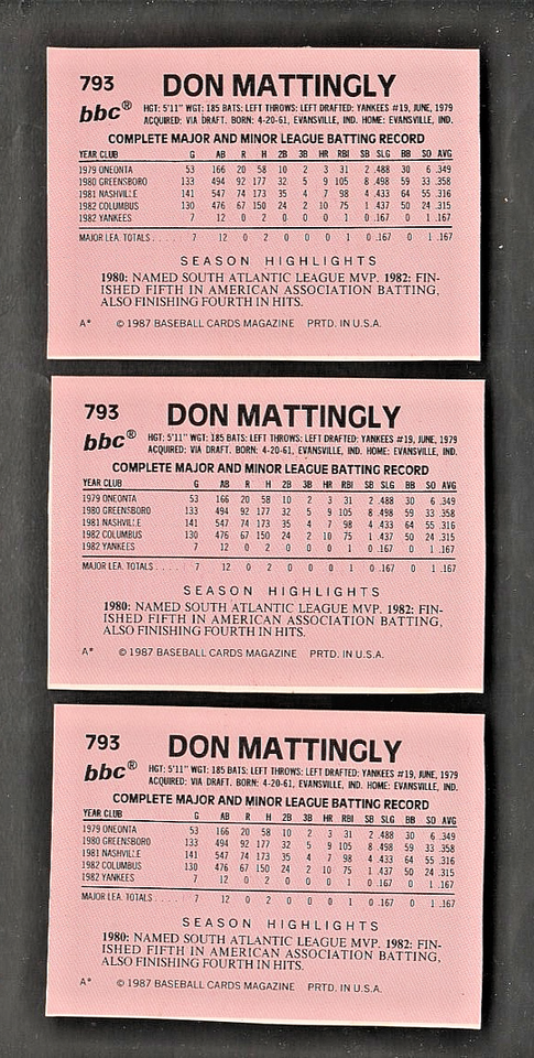 3 Don Mattingly 1987 BBC Magazine Rookie Replica Cards | eBay