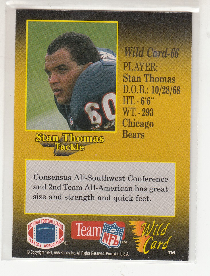 STAN THOMAS 1991 Wild Card NFL #66 Parallel 5 Stripe Chicago Bears Mint ...