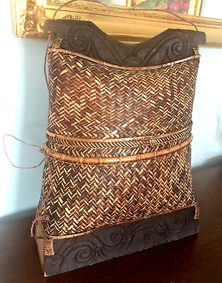 carved wood a plaited woven rattan/bamboo backpack with a lid. Handmade ...