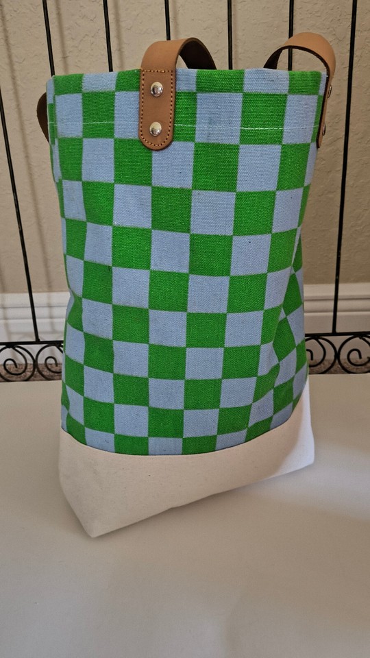 ECCOLO CANVAS TOTE Leather Handles Checkered Blue Green Beachy UNISEX ...