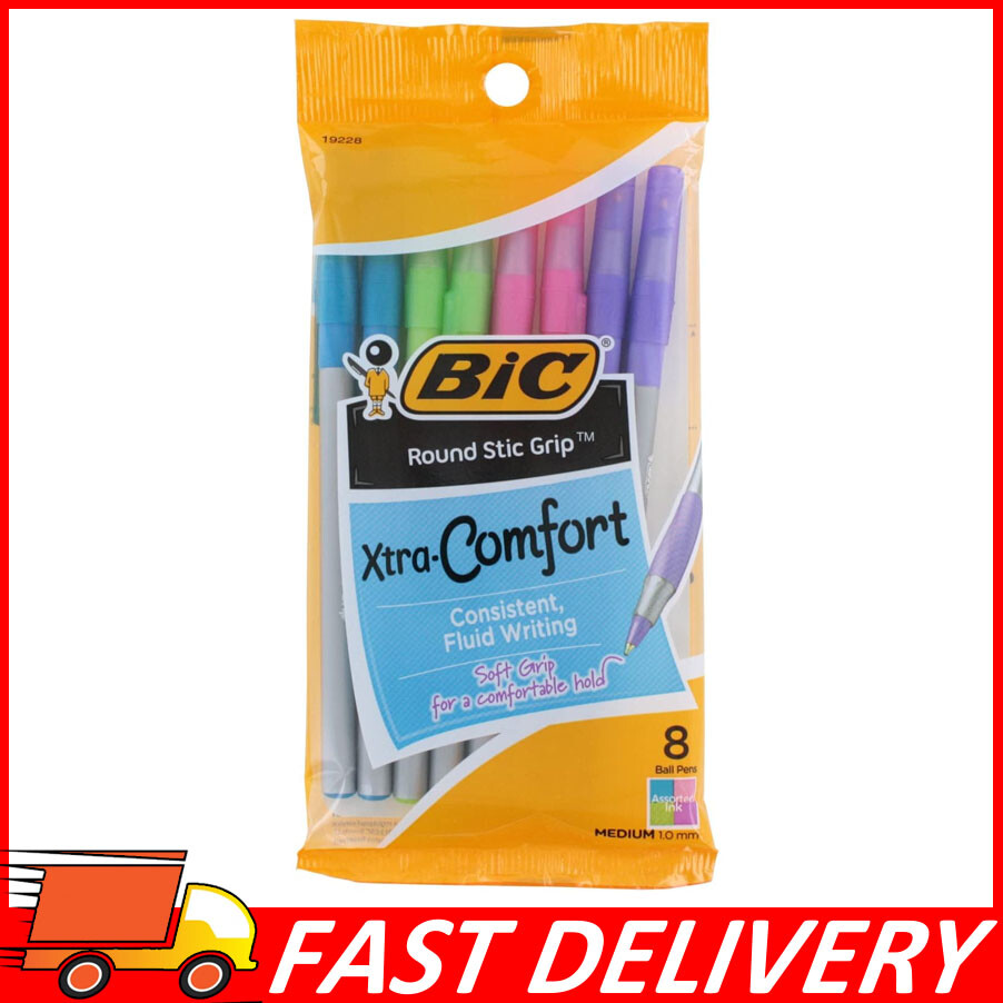7x8pk BIC Round Stic Grip Xtra Comfort Assorted Ball Point Pen Medium ...