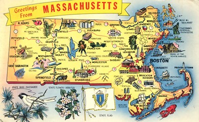 Greetings from Massachusetts Pictorial Map State Highlights 1968 ...