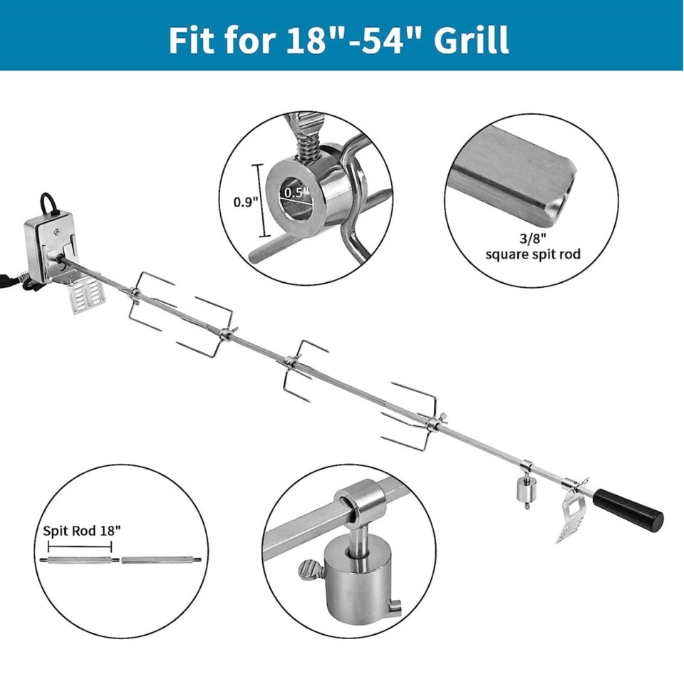 Electric Rotisserie Kit w/Motor BBQ Grill Detachable Spit Rod 45" & 54 ...