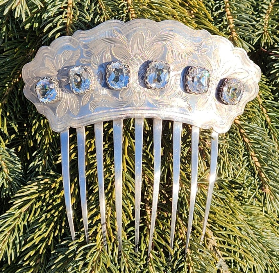 Victorian Etched Sterling Silver Hair Comb Bright Paste Crystal Jewels ...