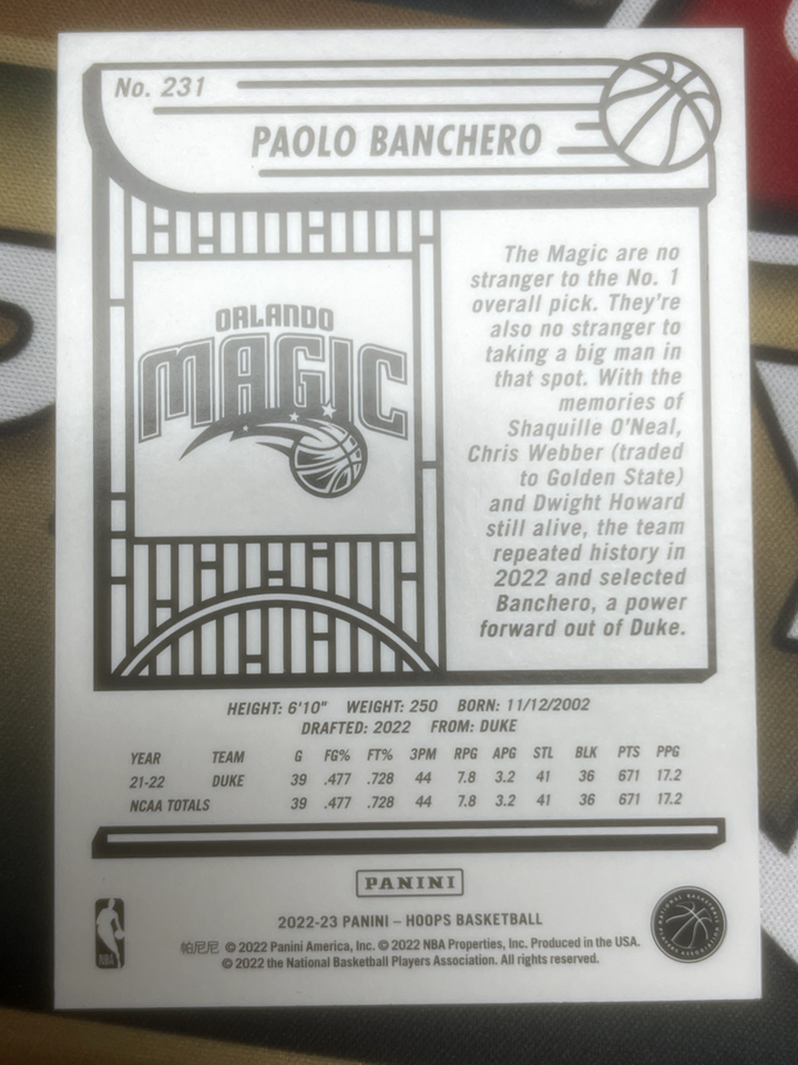 2022-23 Panini NBA Hoops #231 Paolo Banchero Orlando Magic Rookie QTY ...