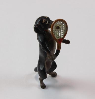 ANTIQUE AUSTRIAN MINIATURE BRONZE DACHSHUND WIENER DOG HOLDING A TENNIS ...