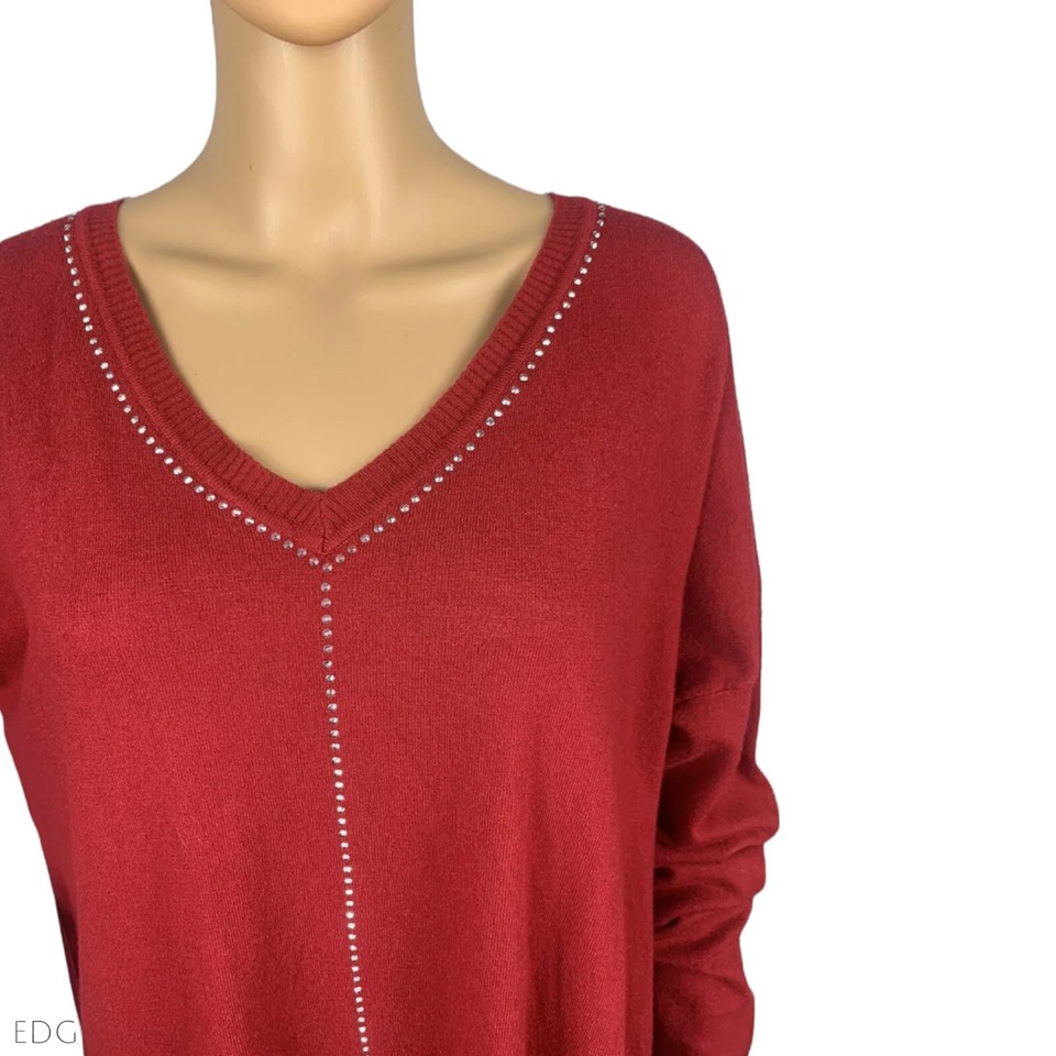 Siren Lily Red V Neck Viscose Nylon Stretch Rhinestone Gem Sweater ...