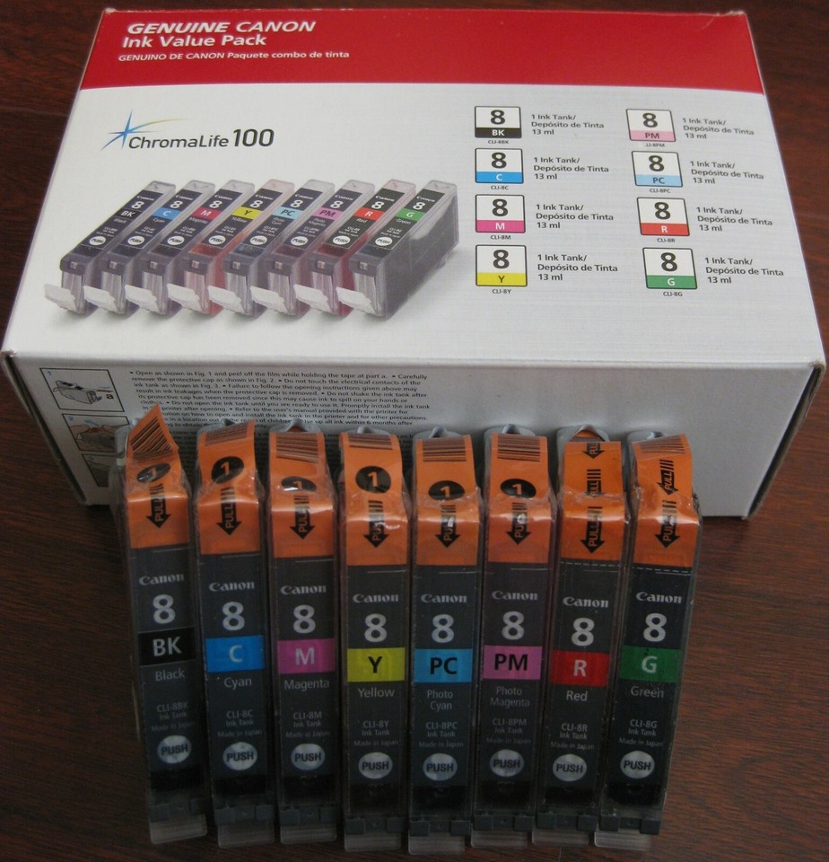 NEW 8PK GENUINE CANON PIXMA CLI-8 BK M C Y PM PC R G Pro9000 INK ...