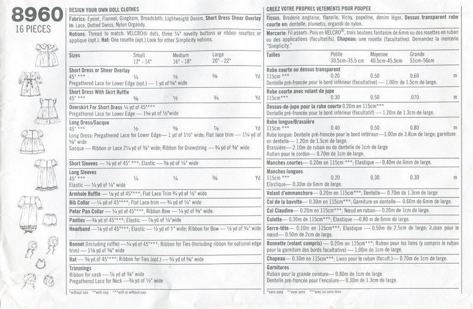Simplicity 8960 Baby Doll Clothes Sewing Pattern Size S M L 12"-22 ...