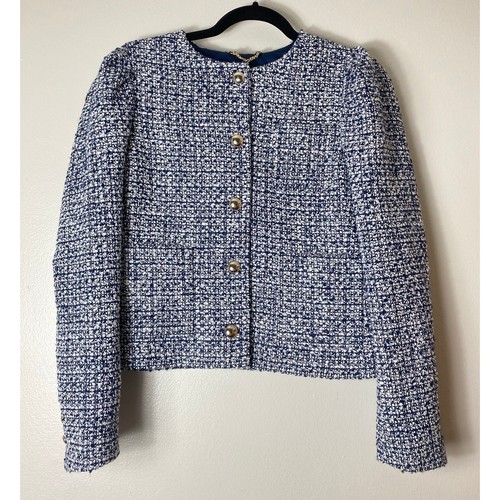 KATE SPADE JACKET 4 BLAZER NAVY BLUE TWEED MAINLINE PUFF LONG SLEEVE ...