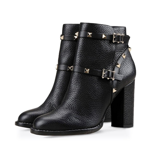 Black Buckle Rivet Boots Round Toe Thick Heels Boots for Women Ankle ...