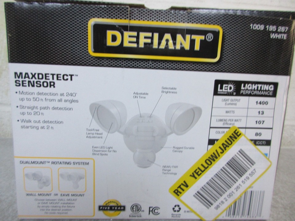 Defiant MaxDetect 240° White Motion Sensor Wired Outdoor 2-Head Motion ...