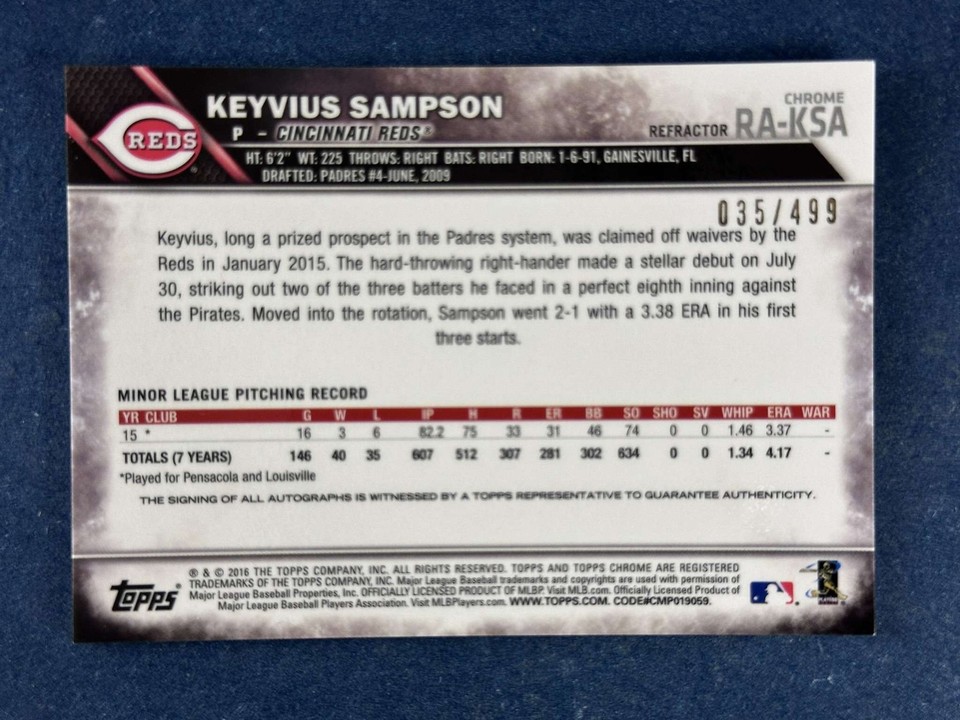 2016 Topps Chrome Refractor Keyvius Sampson Autograph Reds /499 RC | eBay