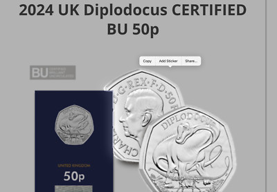 UK 2024 DIPLODOCUS DINOSAUR 50p CERTIFIED BRILLIANT UNCIRCULATED check ...