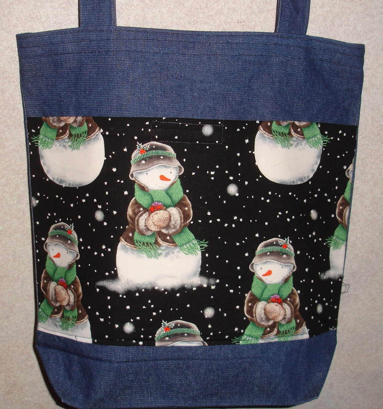 NEW Handmade Large Christmas Holiday Snowman Snowmen Black Bkgd Denim ...