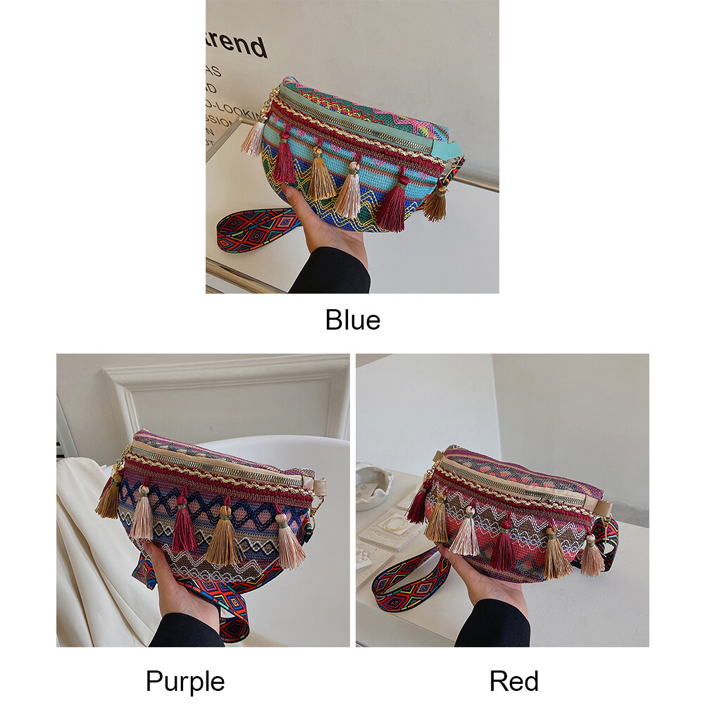 Ethnic Style Waist Bag Canvas Fanny Pack with Tassels Decor Fashion ...