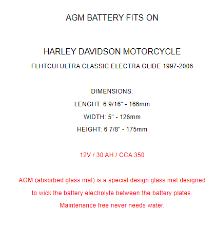 AGM Battery for Harley Davidson Flhtcui Ultra Classic Electra Glide ...