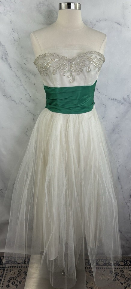 Vintage 1950s Cupcake Prom Dress SZ XS Gown Tulle Strapless white green ...