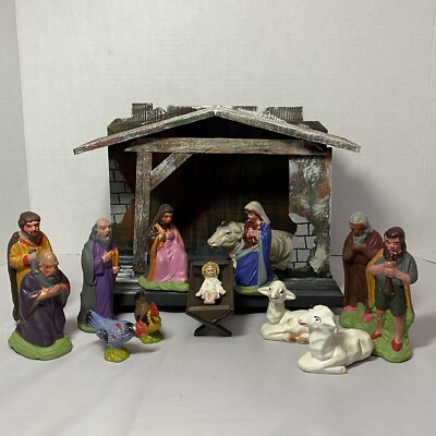 Vintage Japanese Nativity Set w/13 Figures & Creche, Hand Painted ...
