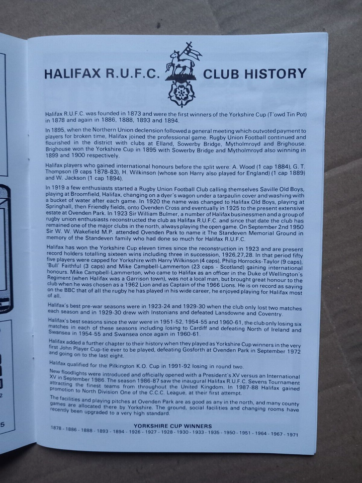 Halifax RUFC v Duke of Wellington's Regiment - Rugby Union programme ...