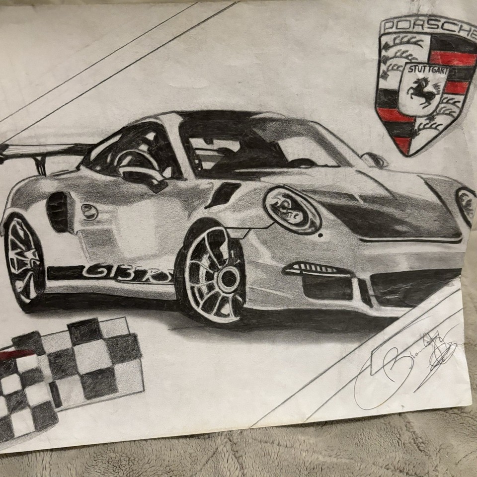 Prison Art Porsche GT3 Drawing Pencil Sketch Sports Car Handmade Inmate ...