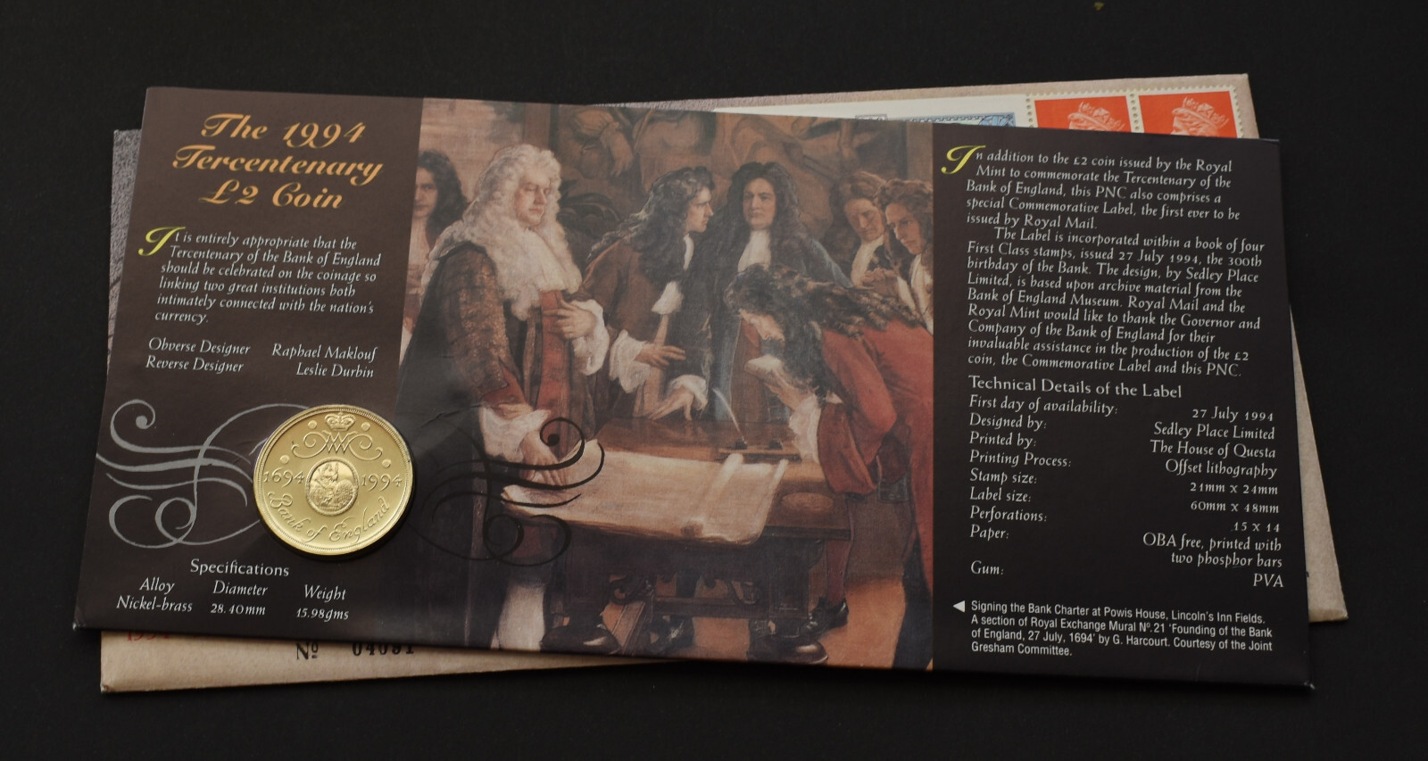 GB £2 TWO POUNDS 1994 300th Anniv. BANK OF ENGLAND 1694 coin stamp 1st ...