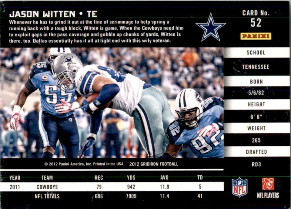 2012 Panini Gridiron Jason Witten Dallas Cowboys #52 NFL Football Card ...