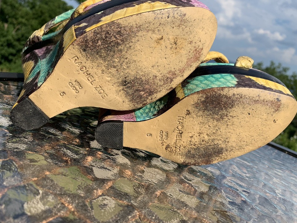 $395 Rachel Zoe Python Snake Skin Katia T Strap Rainbow Platform Wedges ...