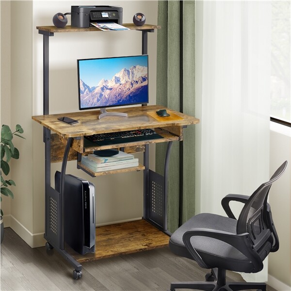 3 Tier Rolling Computer Desk w/Printer Shelf Keyboard Tray Rustic ...