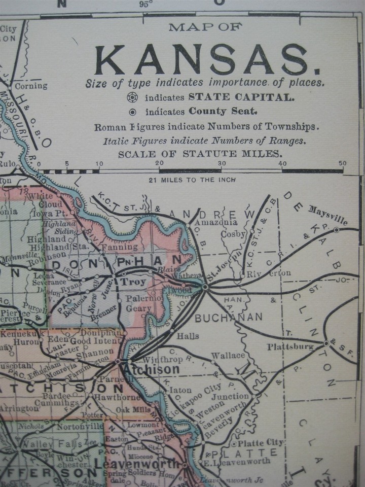 Original 1891 Map KANSAS Counties Railroads Wichita Topeka Lawrence ...