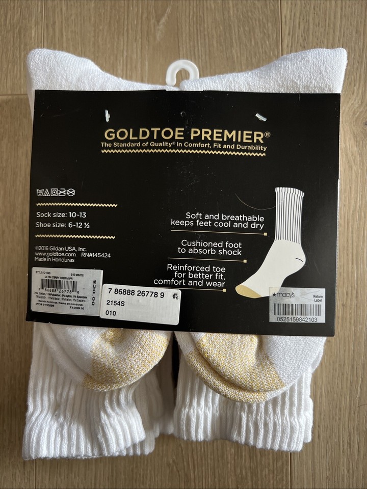 Goldtoe Premier Socks WHITE Cotton Crew 6 PAIR For Men’s Shoe Size: 6-12 1/2 | eBay