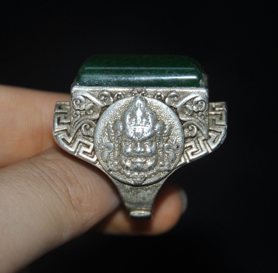 1.4"old Tibet Tibetan silver Inlay Gem Mahakala Wrathful Deity Buddha ...