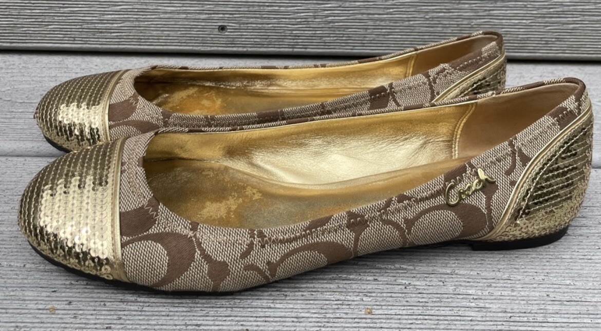 COACH Gold C Pattern SHINE Ballets Flats Shoes Womens… - Gem