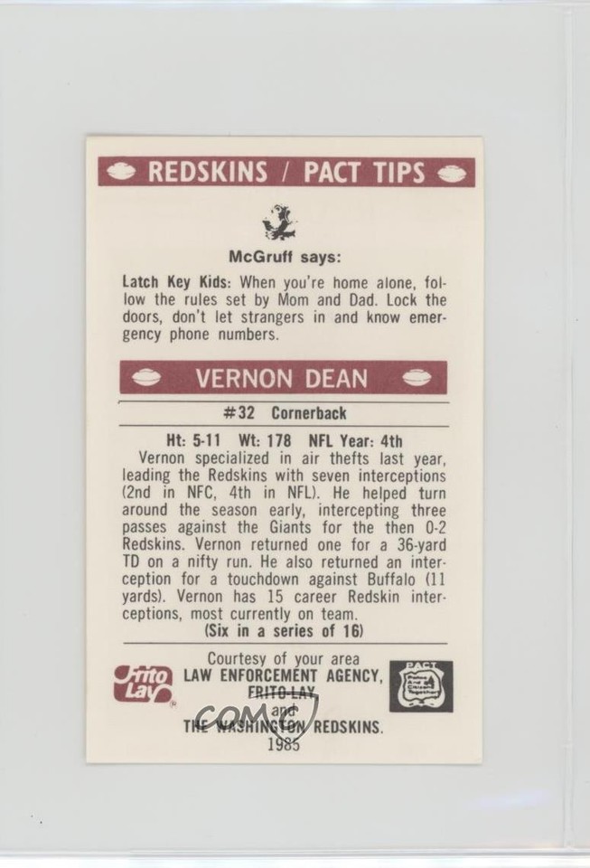 1985 Frito Lay Washington Redskins Police Vernon Dean #6 | eBay
