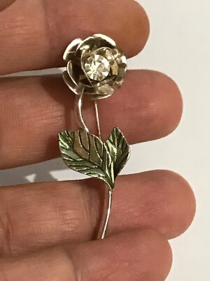 Vintage AVON SH Silver Tone Green Enamel & Rhinestone Flower Pin/Brooch ...
