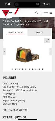 Trijicon RMR HRs Adjustable 3.25 MOA Coyote Rifle Scope Part RM06-C ...