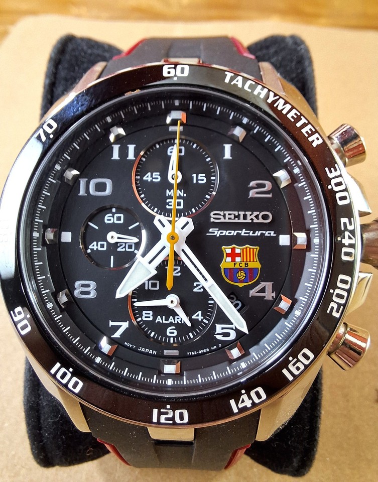 SEIKO SPORTURA FCB Barcelona Chrono Watch 7T62 Quartz 100m Rubber ...