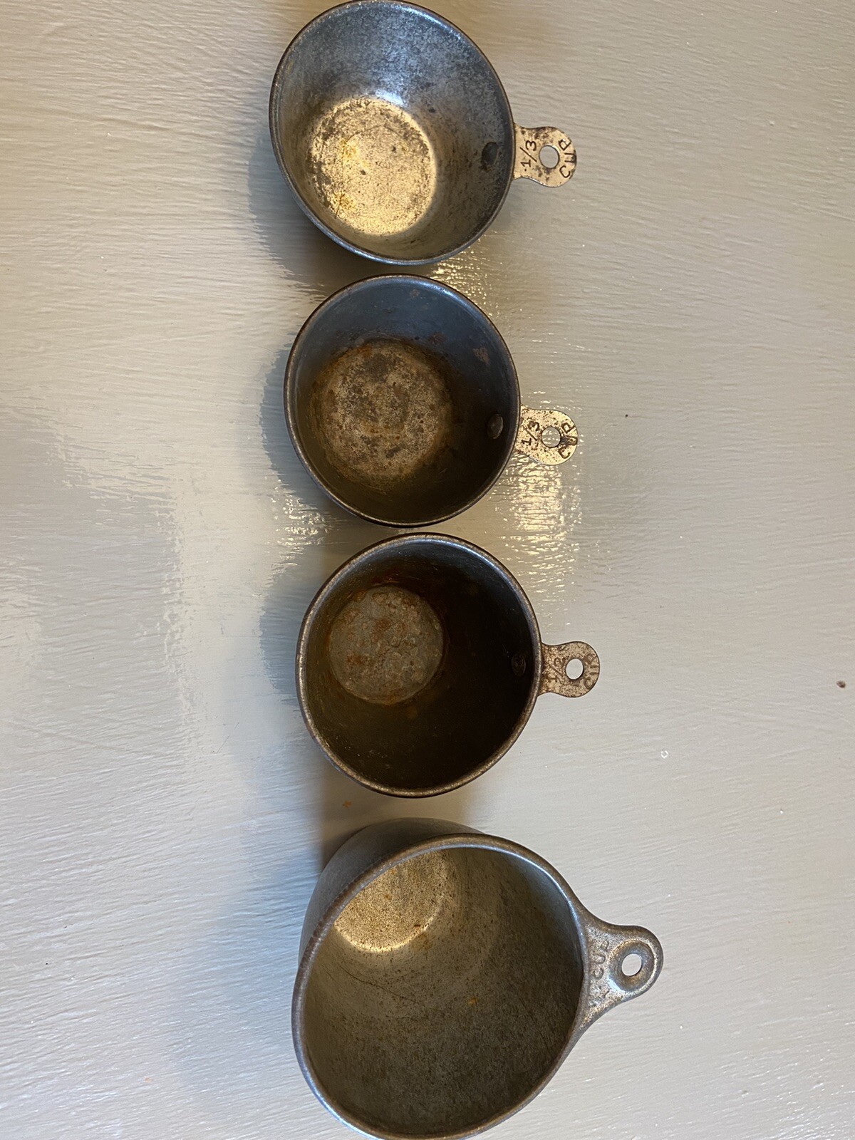 Vintage SET OF FOUR Metal Tin Aluminum Embossed Measuring Cups w Handle ...