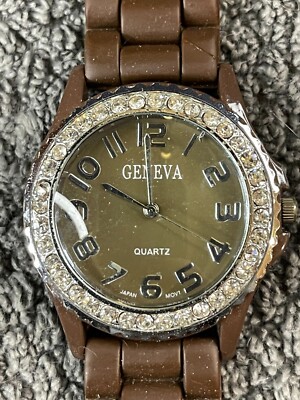 Geneva Platinum Brown Dial Crystal Accent Round Case Brown Silicone ...