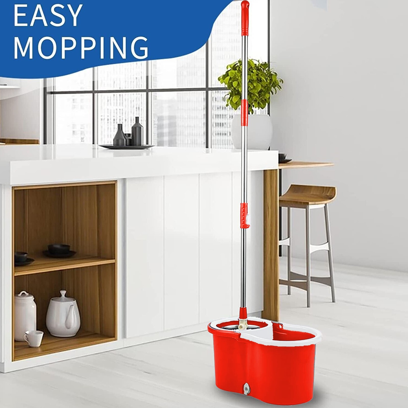 RED MOP BUCKET SET 360 FLOOR MAGIC SPIN MICROFIBER WITH 4 MOP HEADS ...