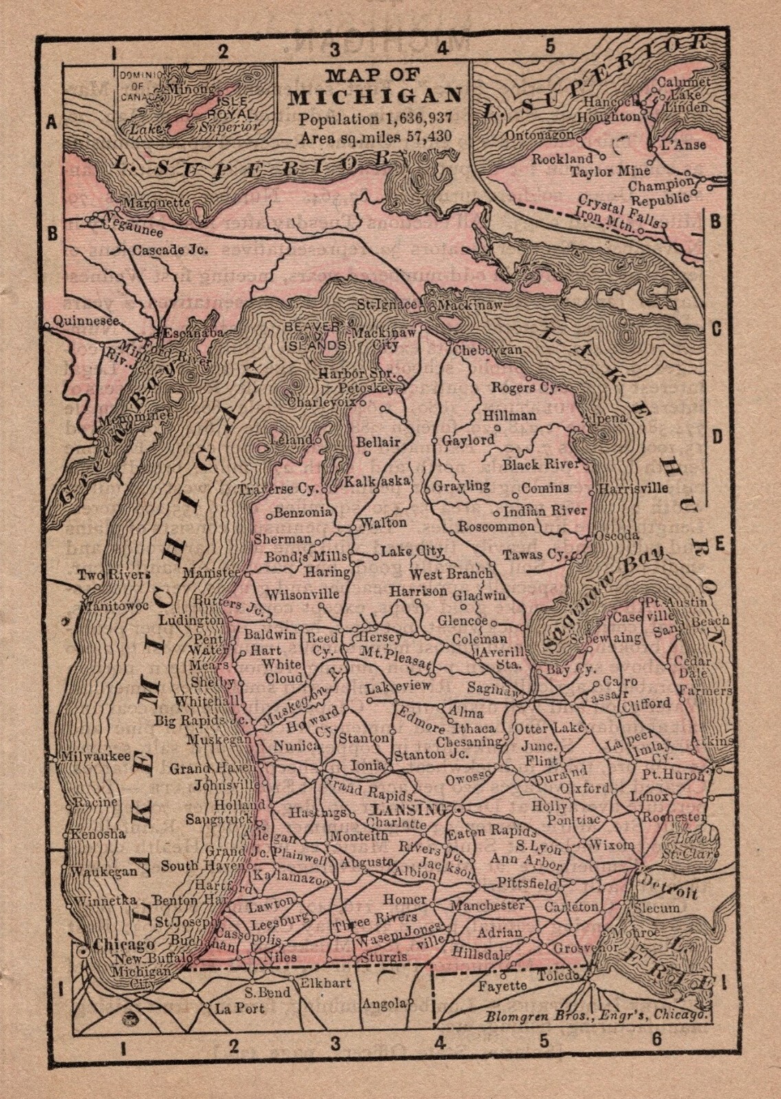 1888 Antique Tiny MICHIGAN State Map MINIATURE Map of Michigan 783 | eBay
