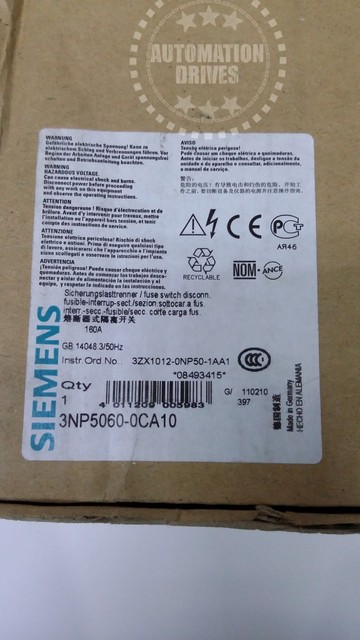 Siemens 3np5060-0ca10 - Fuse Switch Disconnect 160a 660vac for sale ...