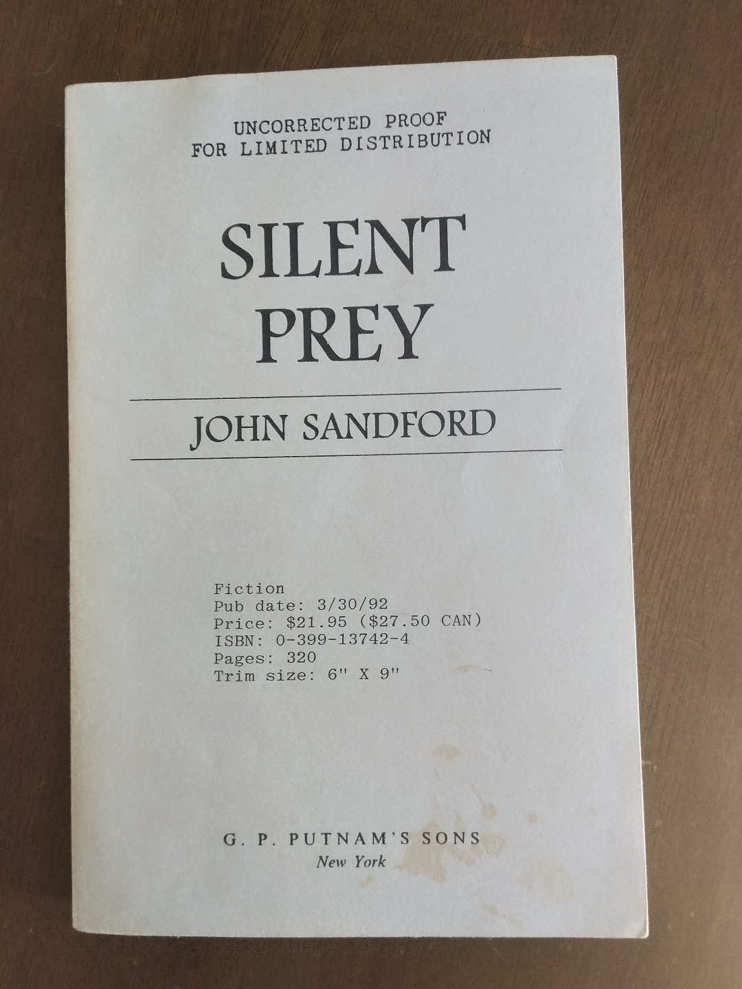 "Silent Prey" 1992 Rare Uncorrected Proof by John Sanford 9780399137426 ...