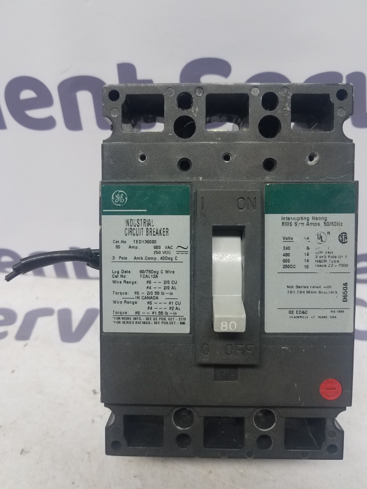 GE General Electric Ted136080wl Ted 3 Pole 80 Amp 600 Volt Circuit ...