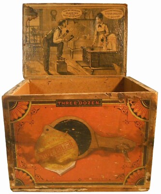 RARE ANTIQUE PAT 1871 STOVE POLISH PASTE PAPER LABLD, HINGED LID WD BOX ...