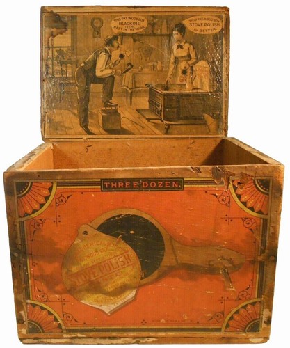 RARE ANTIQUE PAT 1871 STOVE POLISH PASTE PAPER LABLD, HINGED LID WD BOX ...