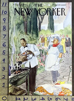 1950 CHEF BARBEQUE WAITER CHARCOAL BARLOW PARTY ART NEW YORKER COVER ...