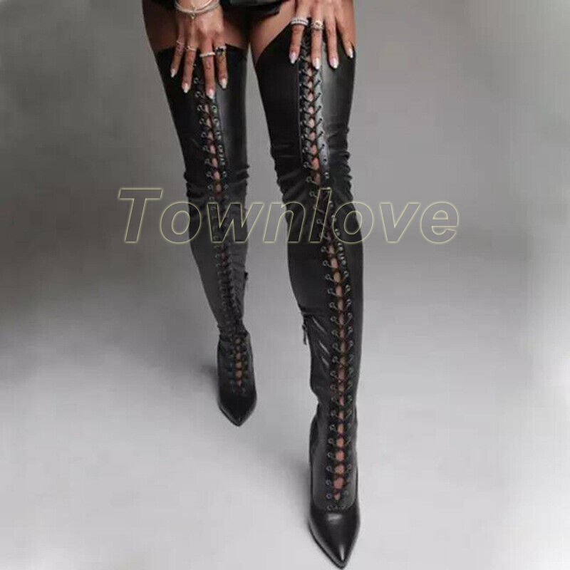 Sexy Over The Knee Boots Women Pointy Toe High Heels Lace Up Thigh ...